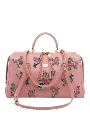 Dolce & Gabbana Vittoria Embroidered Rhinestone Leather Bag - Pink