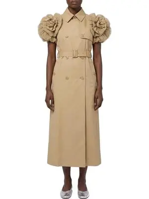 Max Mara Linen Double-breasted Trench Coat With Ruffle Sleeves - Sand