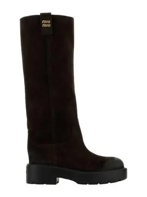 Miu Miu Logo Round Toe Boots - Dark Brown