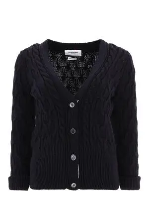 Thom Browne Cable Knit V-neck Cardigan With Signature Striped Trim - Blue