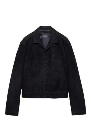 Prada Suede Blouson Jacket With Leather Triangle Logo - Navy