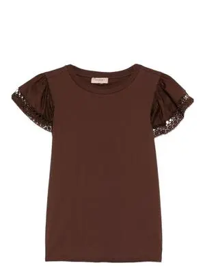 TWINSET Ruffled Lace-sleeve T-shirt - Red