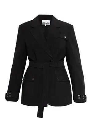 GANNI Notched Lapel Belted Jacket - Black