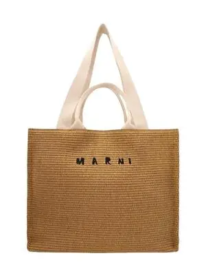 Marni Logo Embroidered Woven Top Handle Bag - Brown