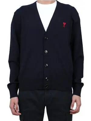 Ami Heart Logo Embroidered Wool Cardigan - Navy Blue