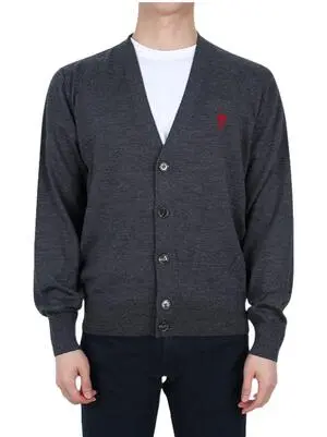 Ami V-neck Cardigan With Embroidered Logo - Black