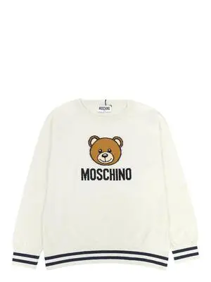 Moschino Intarsia Knit Teddy Bear Logo Sweater - White