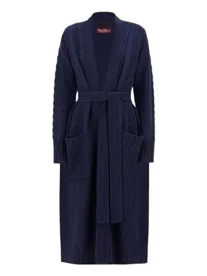 Max Mara Long Cable Knit Cardigan With Waist Tie - Navy Blue