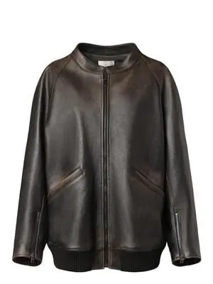 THE ROW Long-sleeved Leather Bomber Jacket - Dark Brown