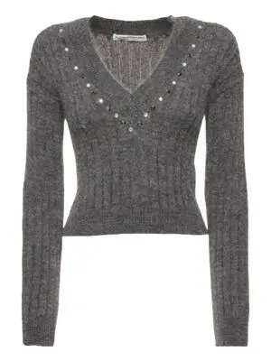 Alessandra Rich Embellished Ribbed Knit Sweater - Black