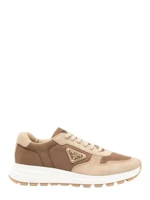 Prada Enamel Triangle Lace-up Sneakers - Nude