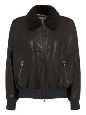 Brunello Cucinelli Leather Bomber Jacket With Fur Collar - Black