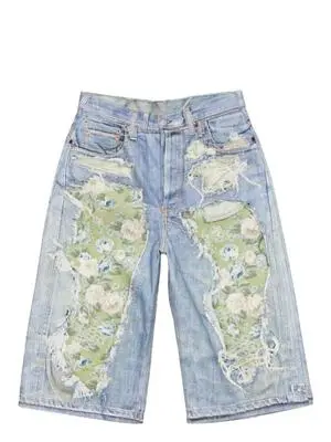 Acne Studios Floral Patchwork Distressed Denim Shorts - Blue/green