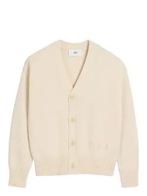 Ami Logo Embroidered V-neck Cardigan - Cream
