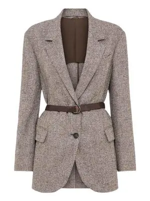 Brunello Cucinelli Belted Wool Blend Blazer - Gray