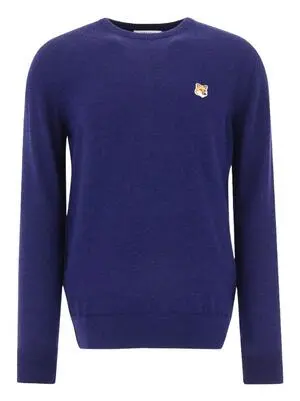 Maison Kitsuné Round Neck Long Sleeve Sweater With Logo Detail - Blue