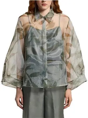 Peserico Floral Print Sheer Button-front Shirt - Gray
