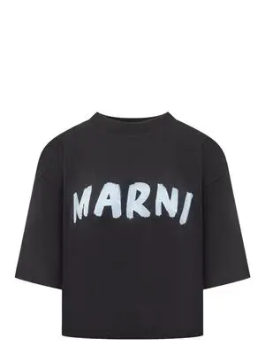 Marni Logo Printed Crewneck Cropped T-shirt - Black