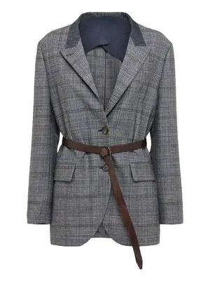 Brunello Cucinelli Prince Of Wales Checked Wool Blazer - Gray