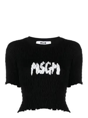 MSGM Cropped Smocked Logo Top - Black