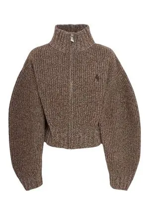 Attico Knit Zip Cardigan With Ribbed Trim - Brown