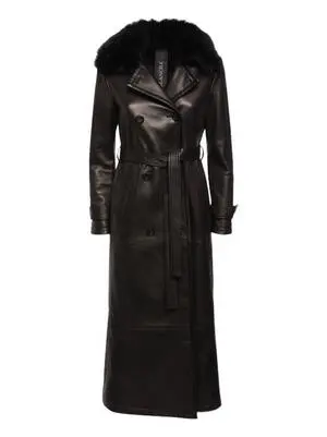 BLANCHA Leather Shearling Trench Coat - Black