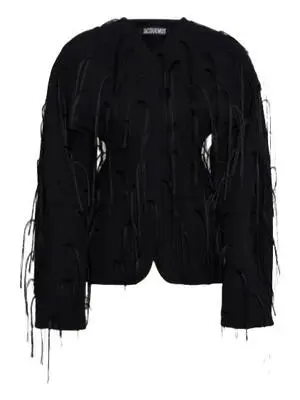 Jacquemus La Veste Ovalo Collarless Jacket With Tassel Embellishments - Black