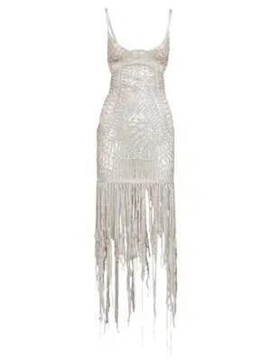 Attico Embellished Midi Dress With Fringed Trim - White