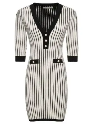 Alessandra Rich Pinstripe Knitted V-neck Dress - White