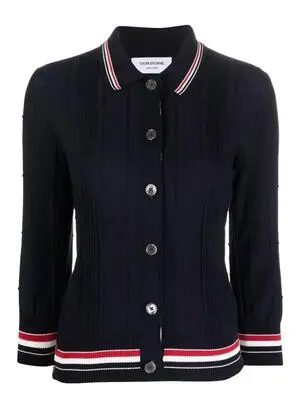 Thom Browne Striped Trim Polo Knit Top - Navy Blue