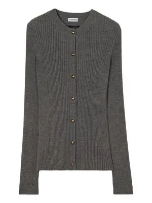 Burberry Ribbed Cashmere Cardigan With Knight Motif Buttons - Grey Melange