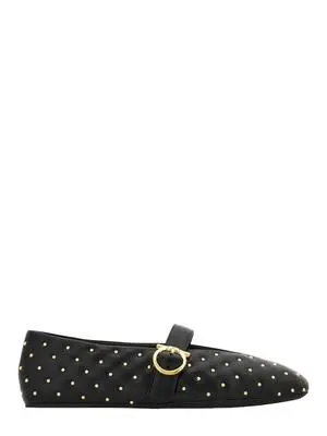 FERRAGAMO Studded Gancini Buckle Ballet Flat - Black