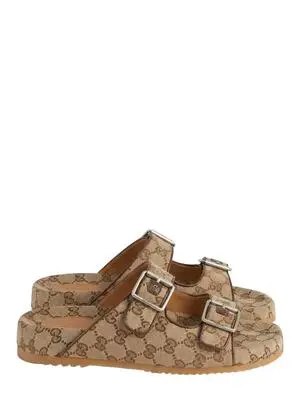Gucci Gg Canvas Slide Sandals With Buckles - Brown
