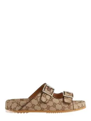 Gucci Gg Canvas Slide Sandals With Buckles - Brown