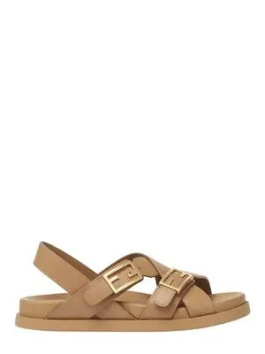 Fendi Flat Cross-over Slides With Ff Baguette Buckles - Light Brown