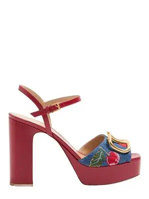 Valentino Garavani Valentino Vlogo Signature Platform Denim Sandal With Cherryfic Embroidery 115mm Red
