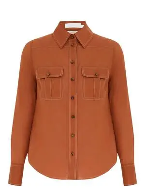 Zimmermann Collared Long Sleeve Shirt With Flap Chest Pockets - Brown