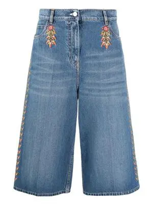 Etro Floral Embroidered Wide-leg Denim Culottes - Blue