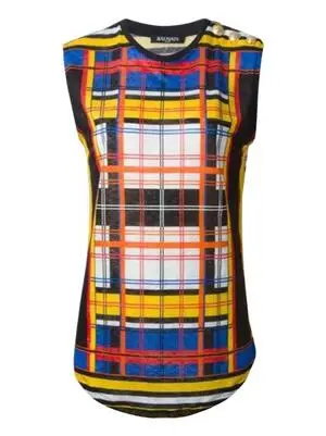 Balmain Gold Button Linen Sleeveless Top - Multicolor