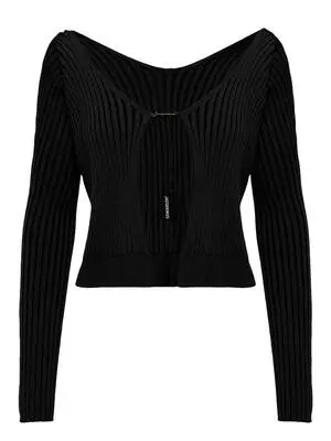 Jacquemus Ribbed Knit Logo Cardigan - Black