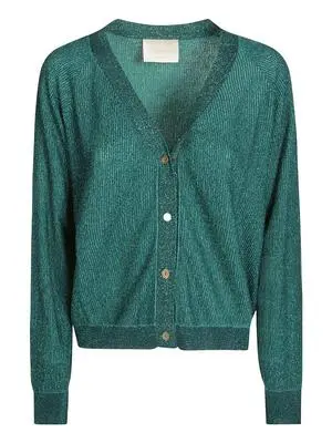 Momoni Long Sleeve V-neck Knitted Lurex Cardigan - Blue