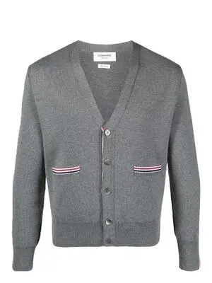 Thom Browne V-neck Fine Knit Cardigan With Striped Detailing - Medium Gray
