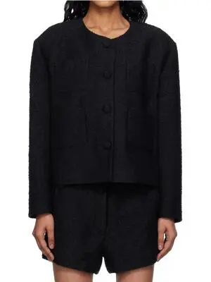 PUSHBUTTON Button Collarless Tweed Jacket - Black