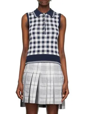 Thom Browne Gingham-jacquard Sleeveless Polo Top - Navy Blue