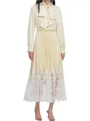 SELF-PORTRAIT Pleated Lace-trimmed Shirt Dress - Yellow