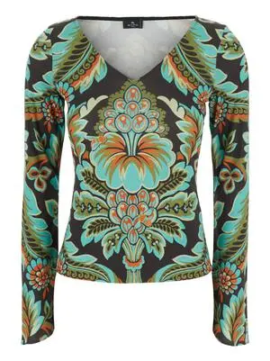 Etro Floral-print Bell-sleeve V-neck T-shirt - Multicolour