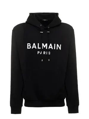 Balmain Logo Printed Drawstring Hoodie - Black