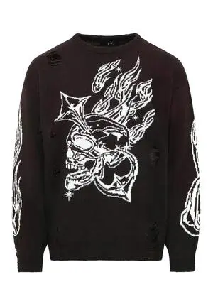 THUG CLUB Chrome Skull Distressed Knit Sweater - Black