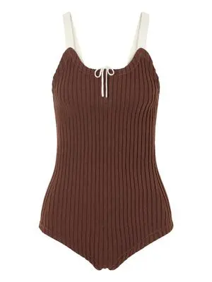 Tory Burch Tory Burch Color-Block Ribbed-Knit Wool And Cotton-Blend Bodysuit Brown
