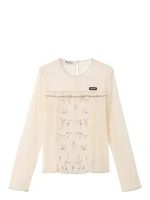 Miu Miu Embroidered Tulle Long Sleeve Top - Natural